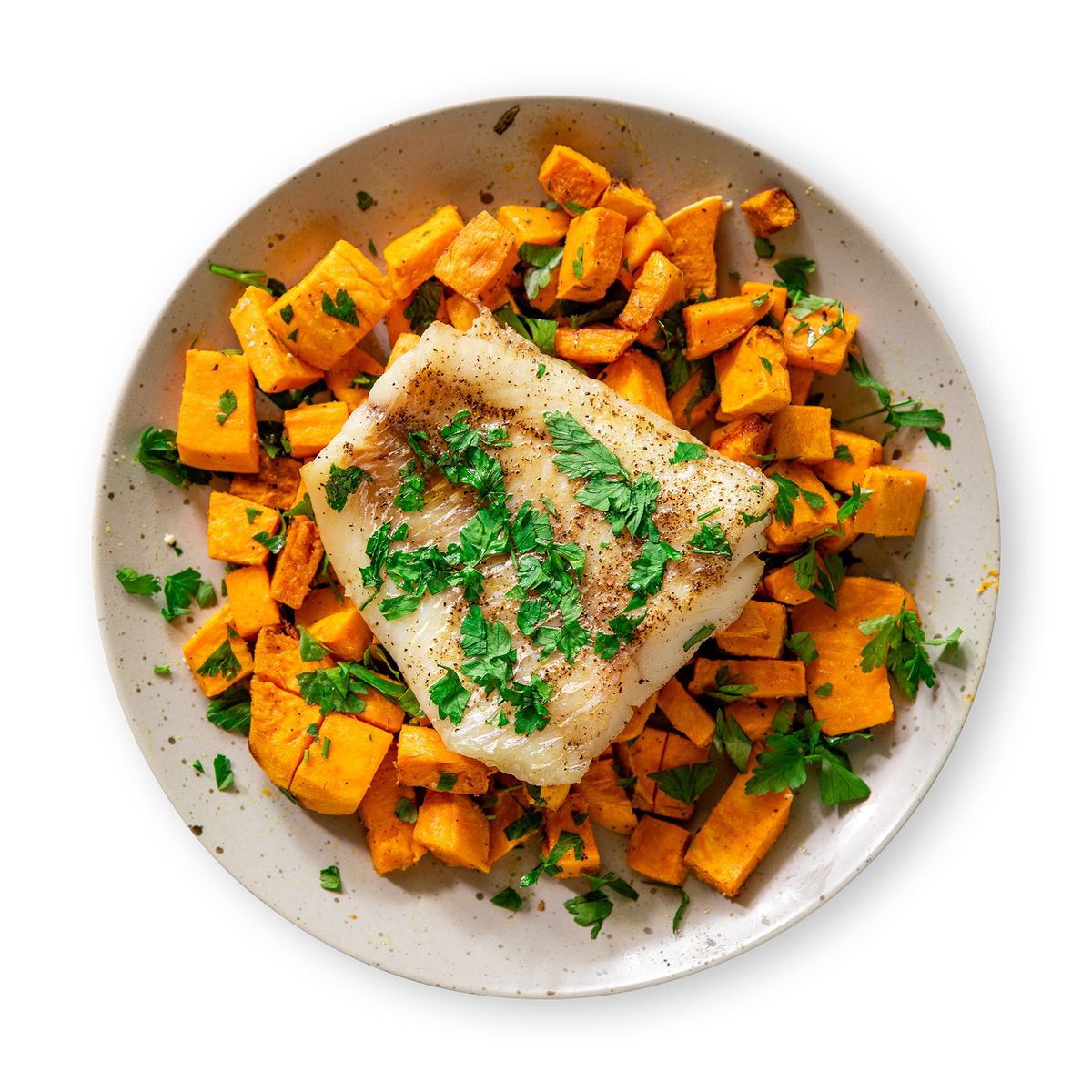 Gebackener Fisch auf Süßkartoffelgemüse von feastr